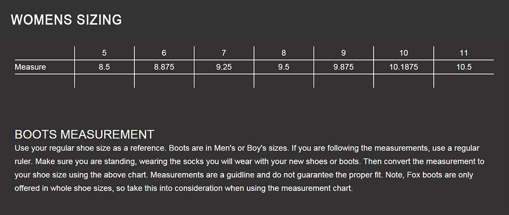 Size Chart: fox-womens-boots | FortNine Canada